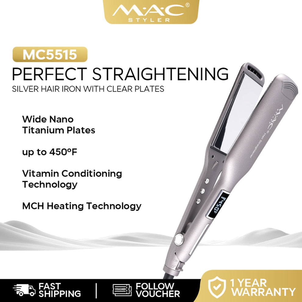 MAC Styler Perfect Straightening Silver Hair Iron Flat Iron Clear Plat